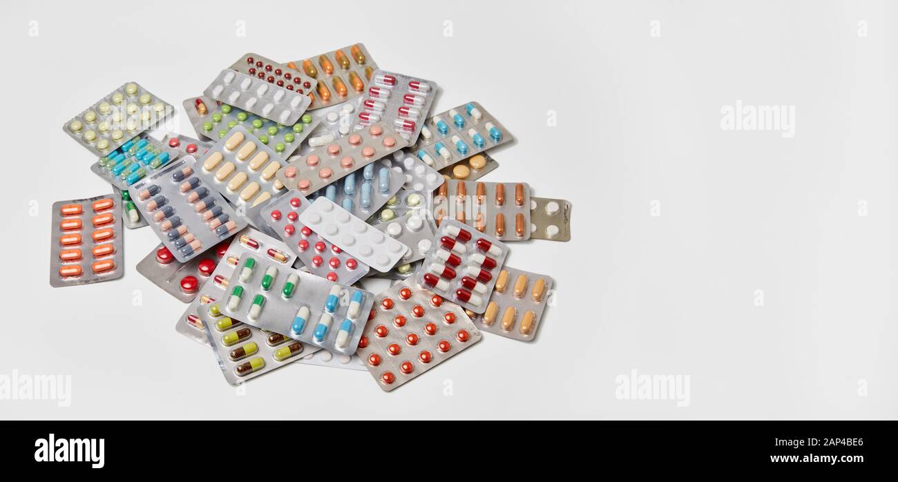 Medicine header with lots of colorful medication and copy space Stock ...