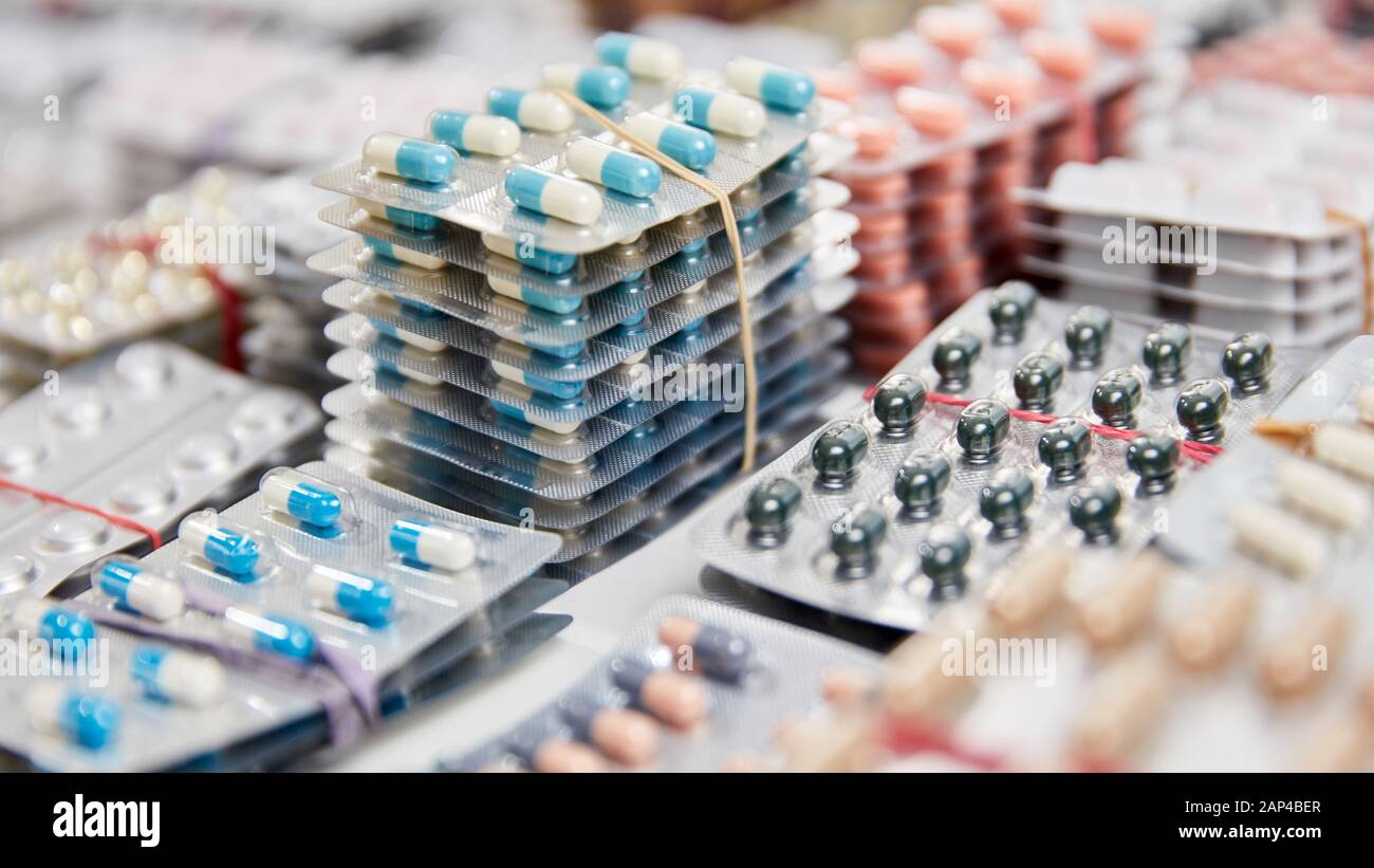 Many assorted medicines drugs and capsules in a pharmacy Stock Photo ...