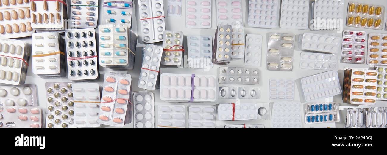 Panorama header background with lots of medicines drugs and medication ...