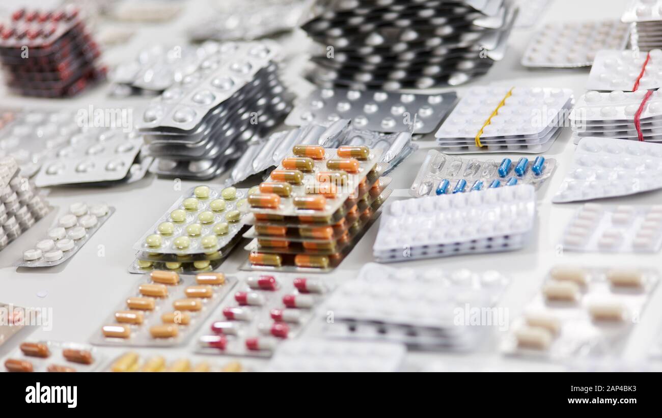 Many assorted colorful medicines drugs as a healthcare concept Stock ...