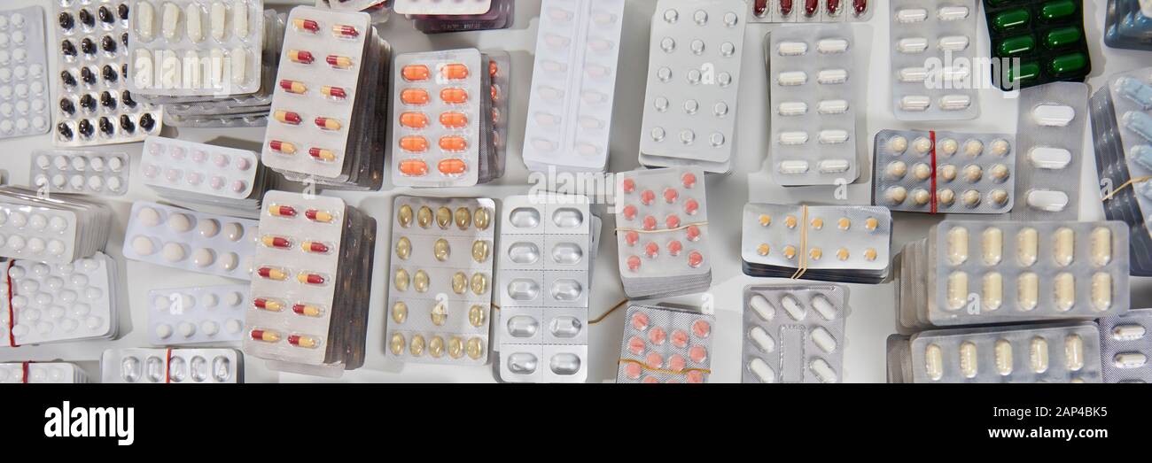 Panoramic background with many medicines drugs from above Stock Photo ...