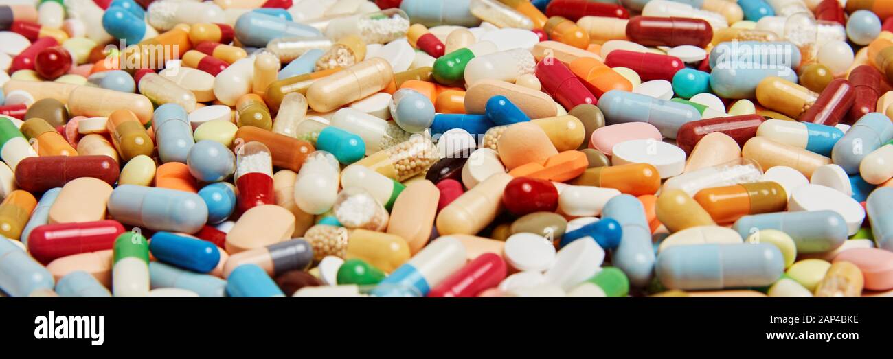 Panorama header background with lots of colorful medication Stock Photo ...