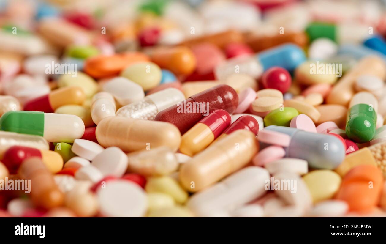 Close-up of many colorful medicines drugs and pills and tablets Stock ...