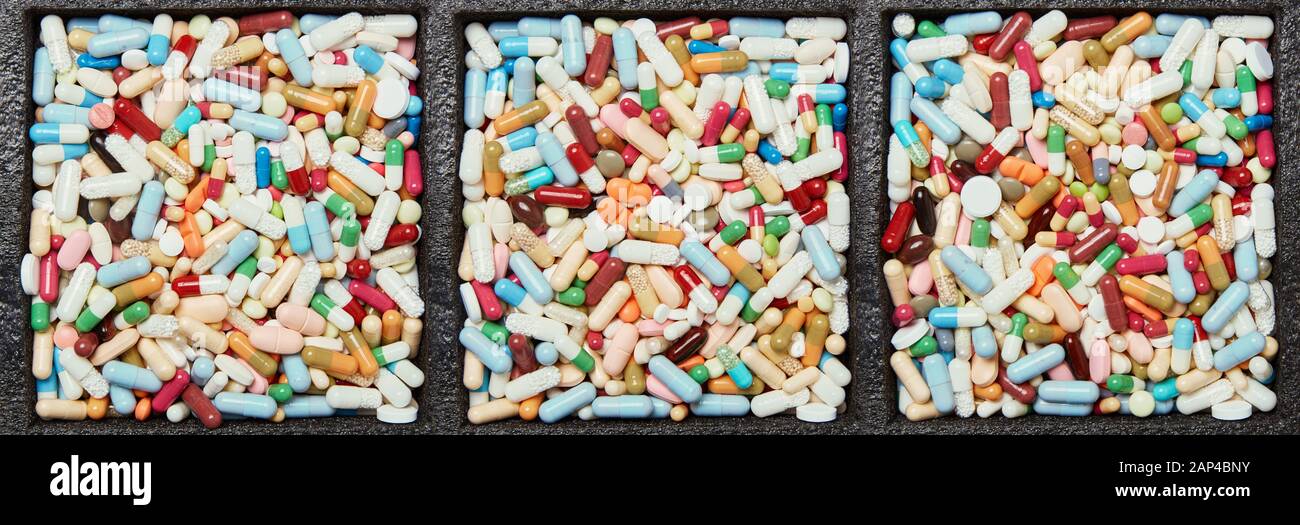 Many colorful medicines drugs as a panorama header background Stock ...