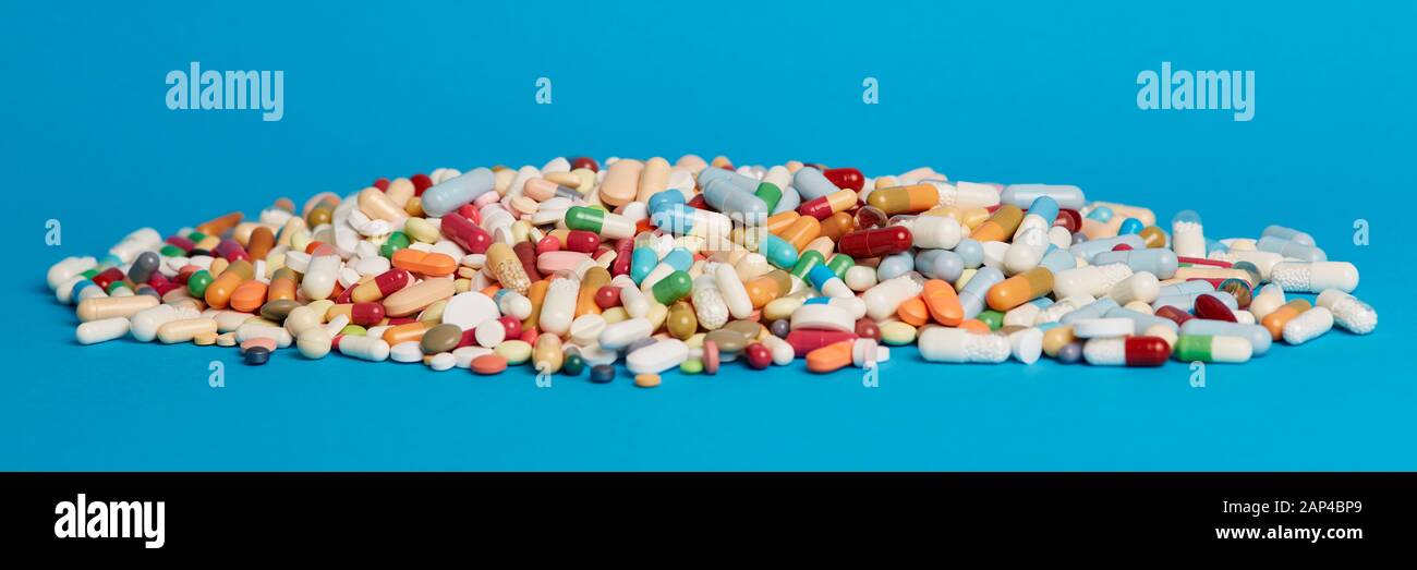 Many colorful medicines drugs as a panorama header background Stock ...