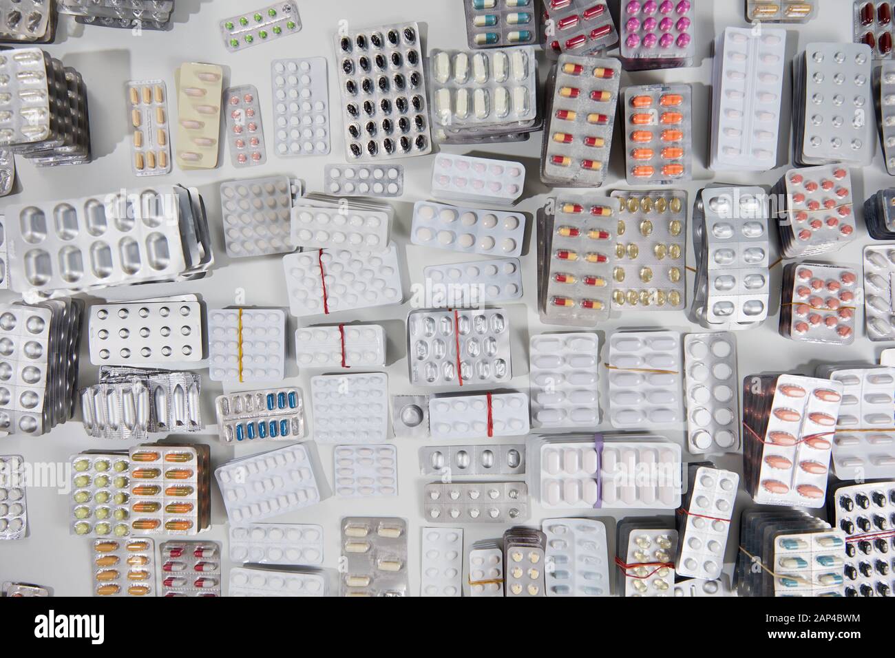 Top view of many assorted medicines drugs and pills in a pharmacy Stock ...