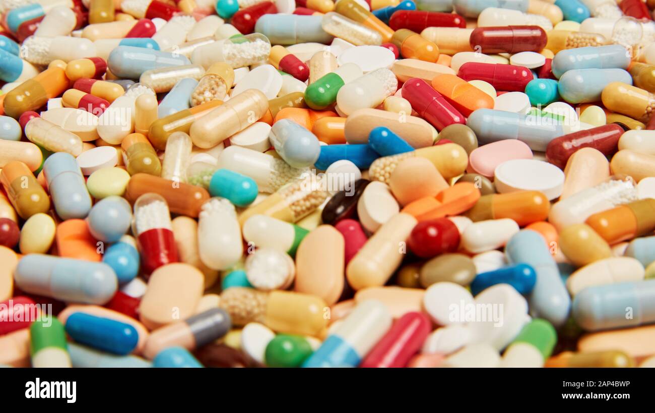 Close-up of many colorful medicines drugs as medicine background Stock ...