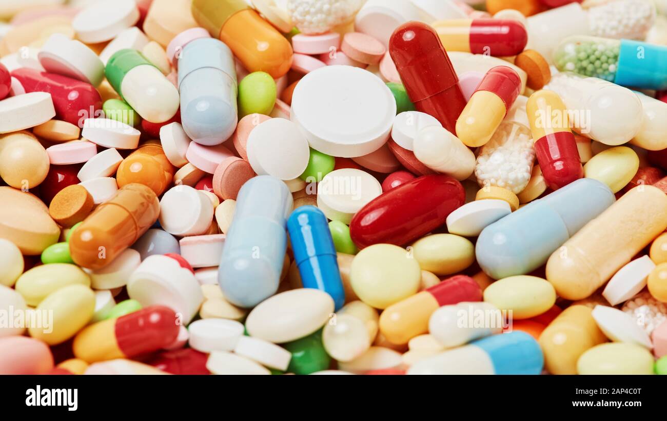 Medicine and medication header background with colorful pills and ...