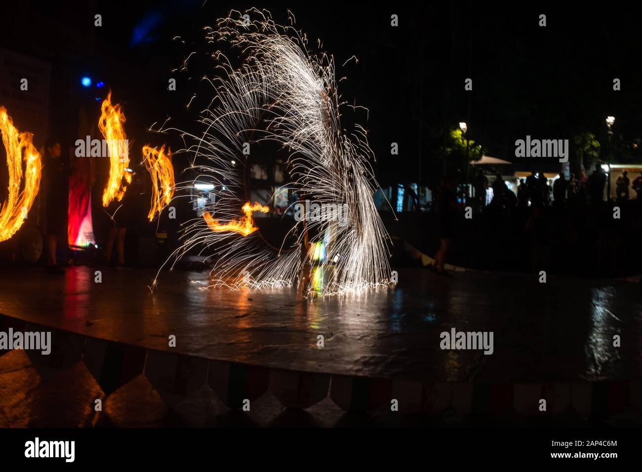 Fire Show Flaming Trails on stage slow shutter exciting event concept ...