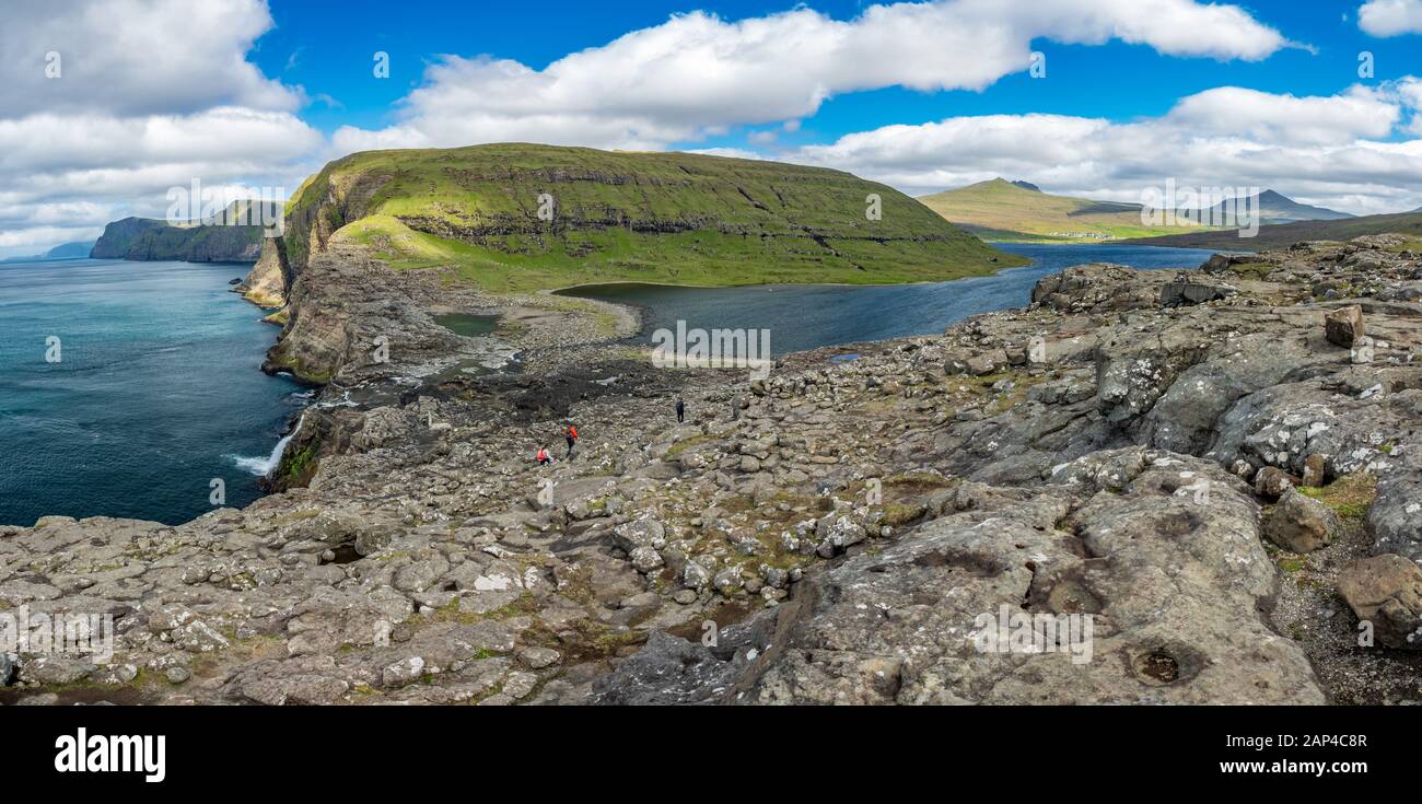 Bosdalafossur waterfall and coastline huge panorama, Faroe Islands ...
