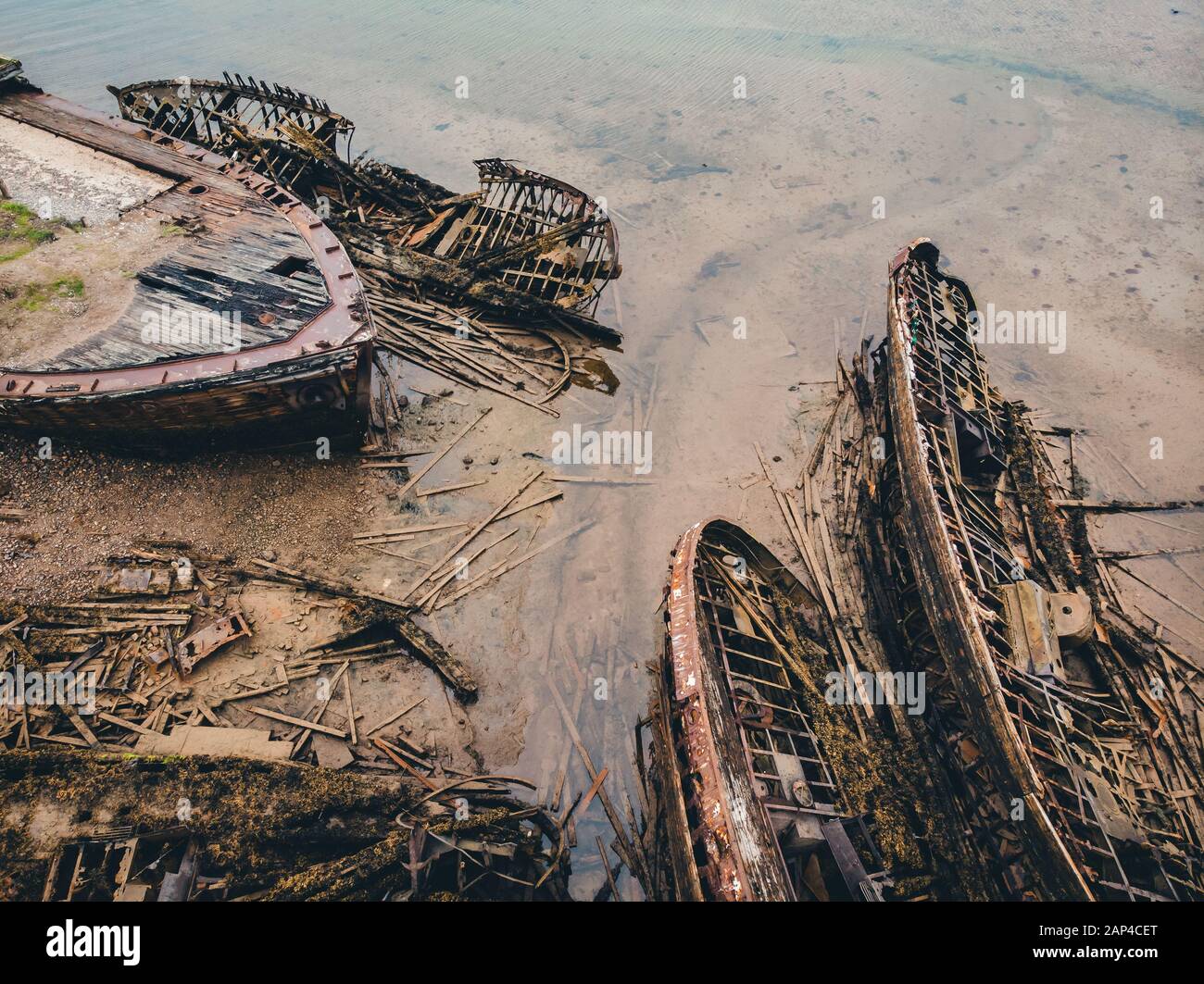 Cemetery of old ships Teriberka Murmansk Russia, wooden remains of ...