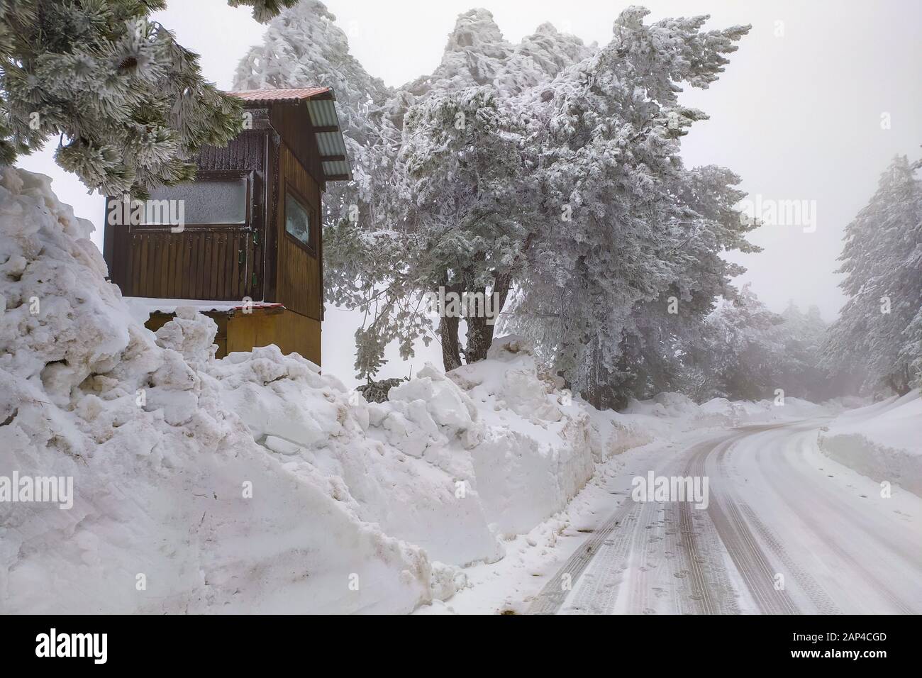 Beautiful snowy area and roads in Parnitha Mountain, Greece. Parnitha ...