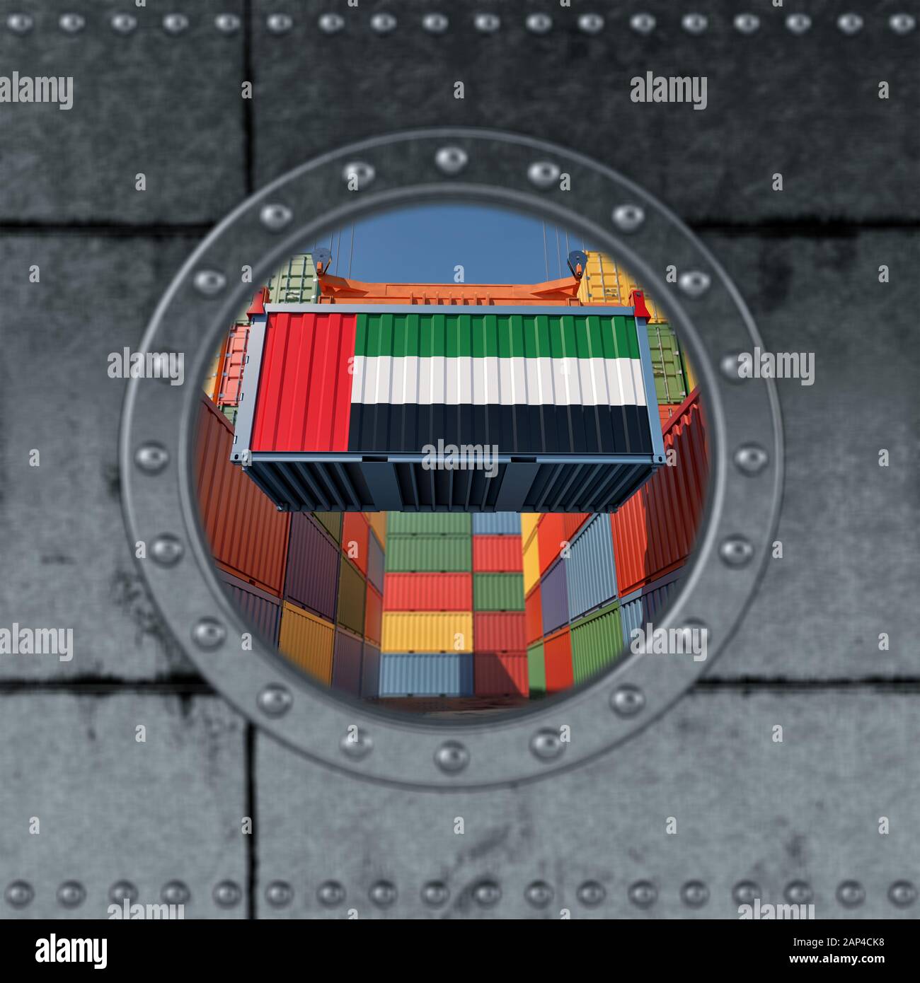 Looking through a ship Porthole. Container with United Arab Emirates ...