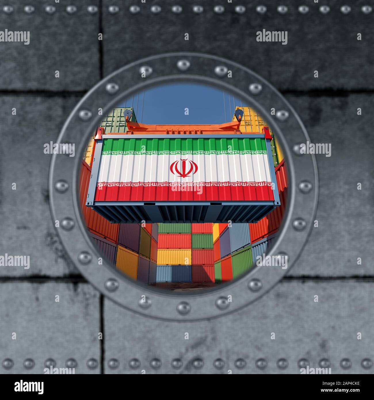 Looking through a ship Porthole. Container with Iran flag being loaded. 3D Rendering Stock Photo ...