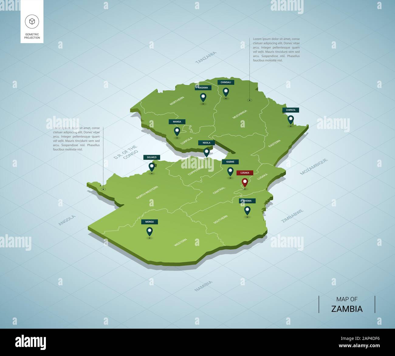 Stylized map of Zambia. Isometric 3D green map with cities, borders ...