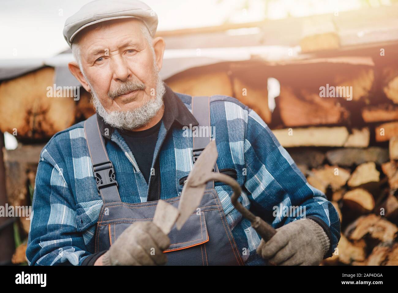 Senior smiling man is sharpening tool for cultivating farm soil ...