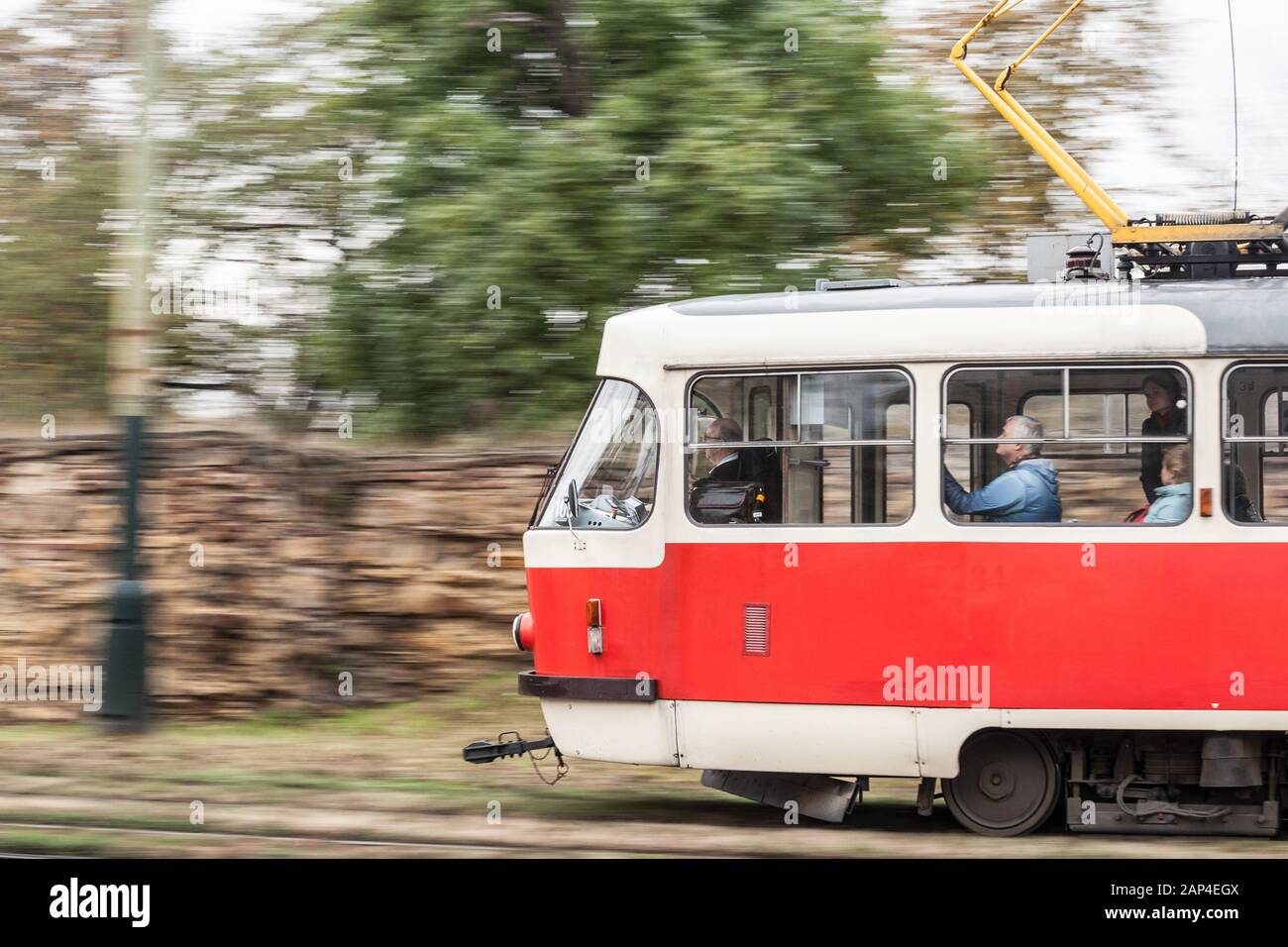 PRAGUE, CZECHIA - NOVEMBER 3, 2019: Pan shot of a Prague tram, Tatra T3 ...