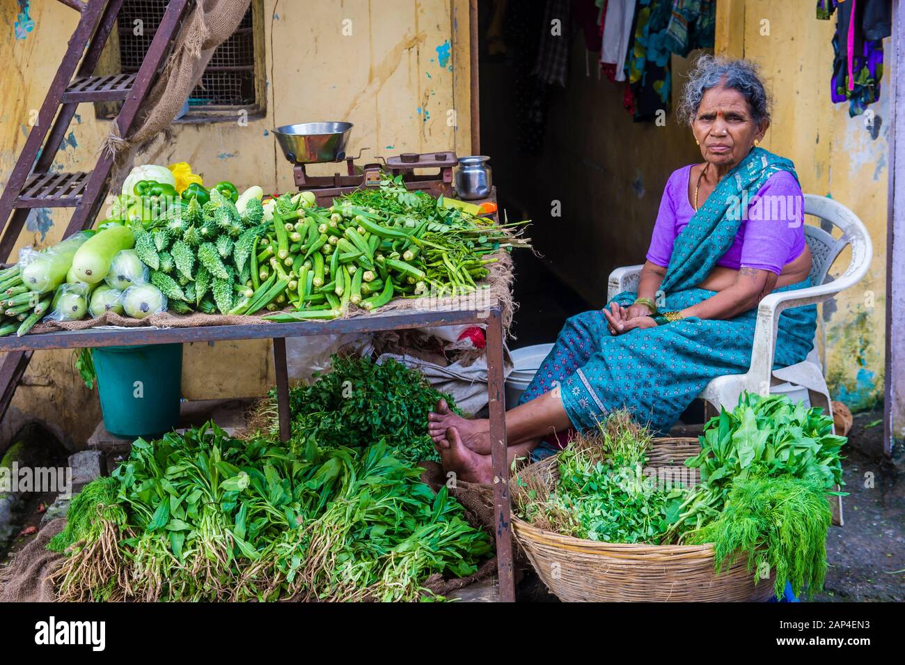 Portrait of an Indian woman in Asalfa neighborhood in Ghatkopar, a ...
