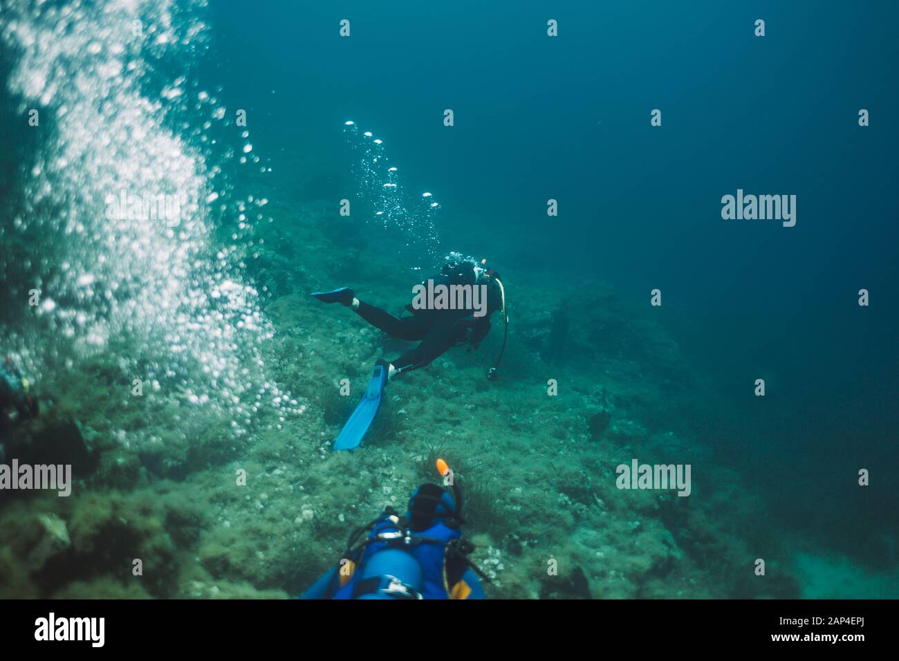 Group of scuba divers underwater. Rear view of scuba divers diving ...