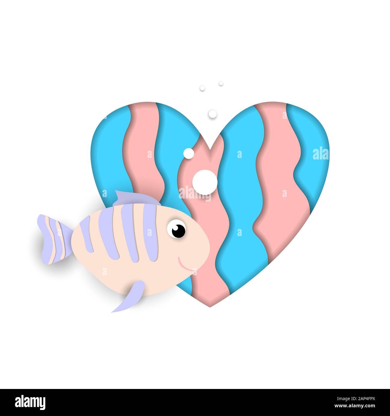 Paper cut fish flow on heart isolated on white background, blue and ...