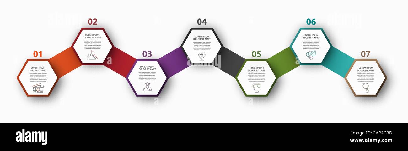 Vector infographic with 7 hexagons. Used for seven diagrams, graph ...