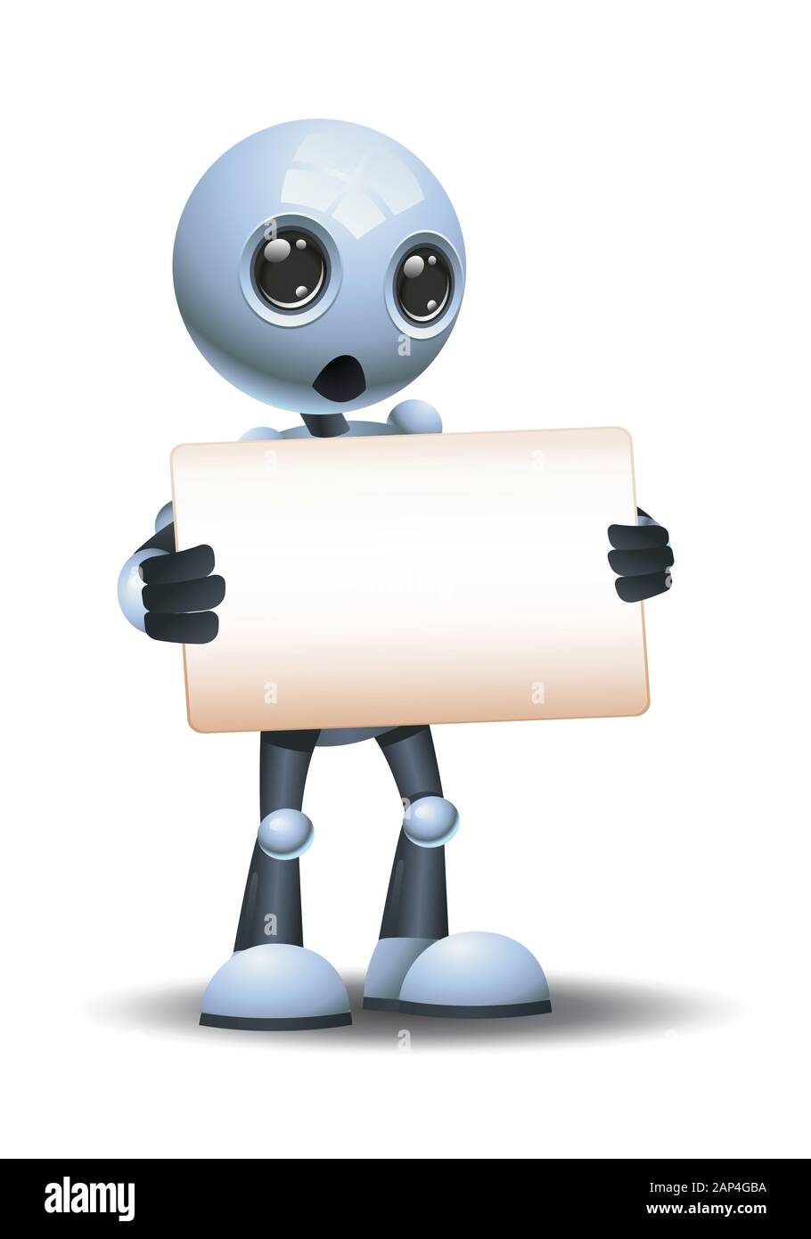 3d illustration of little robot shock while holding business blank sign ...