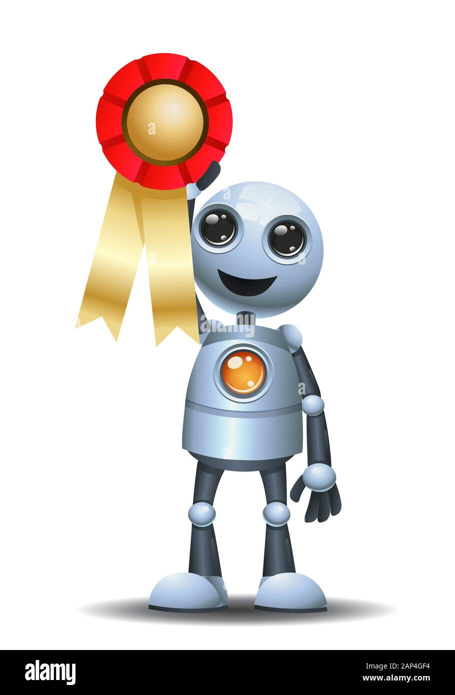 3d illustration of little robot proud achieve medal award on isolated ...