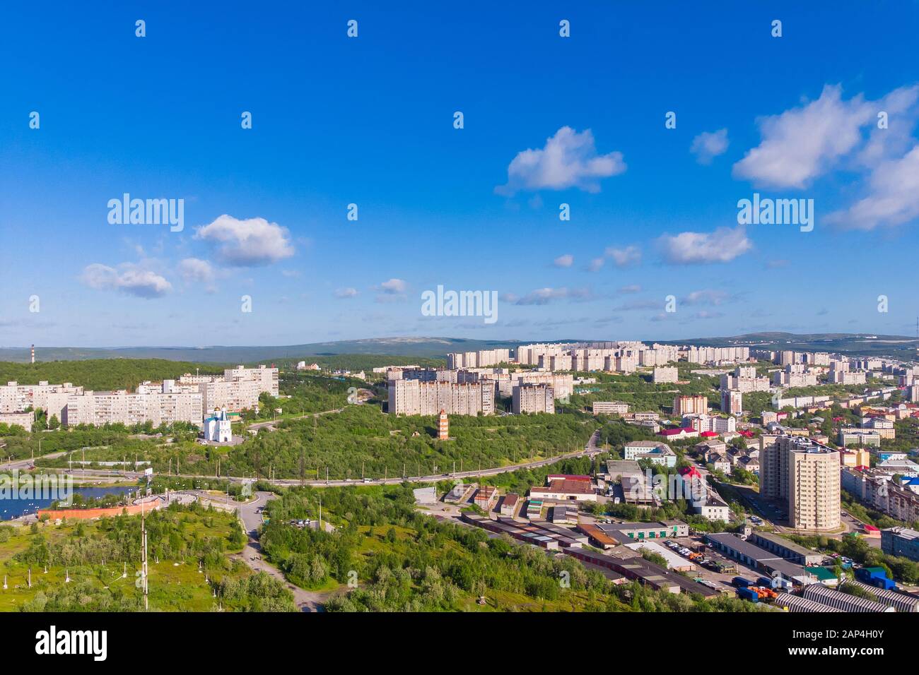 Murmansk, Russia - July 1, 2019: Aerial view panorama of city and ...