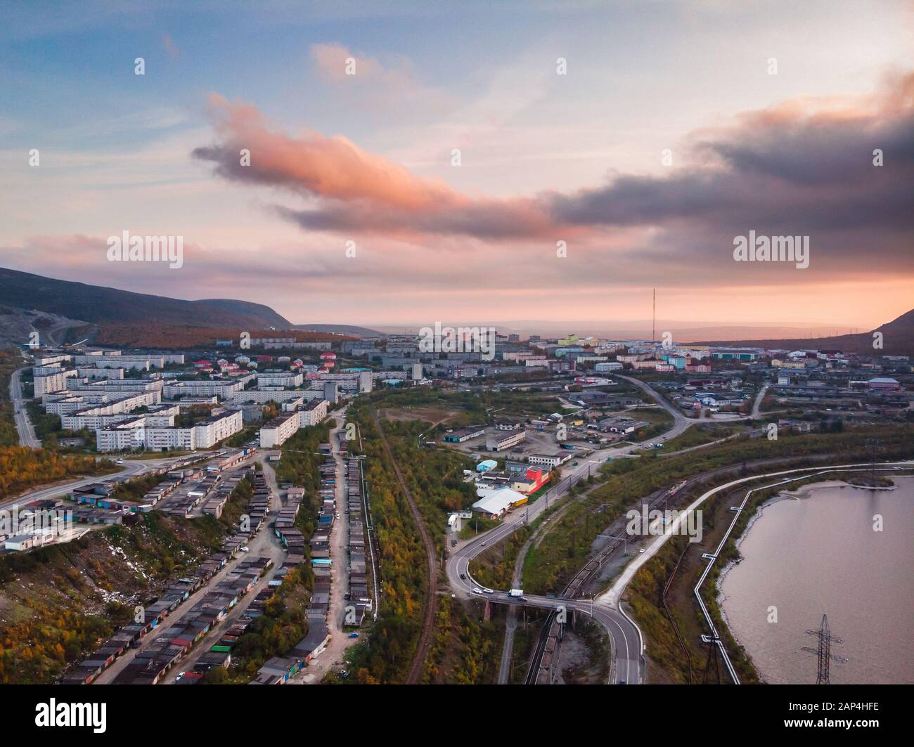 Sunset in Kirovsk mountains Khibiny Kola Peninsula, Russia. Aerial view ...