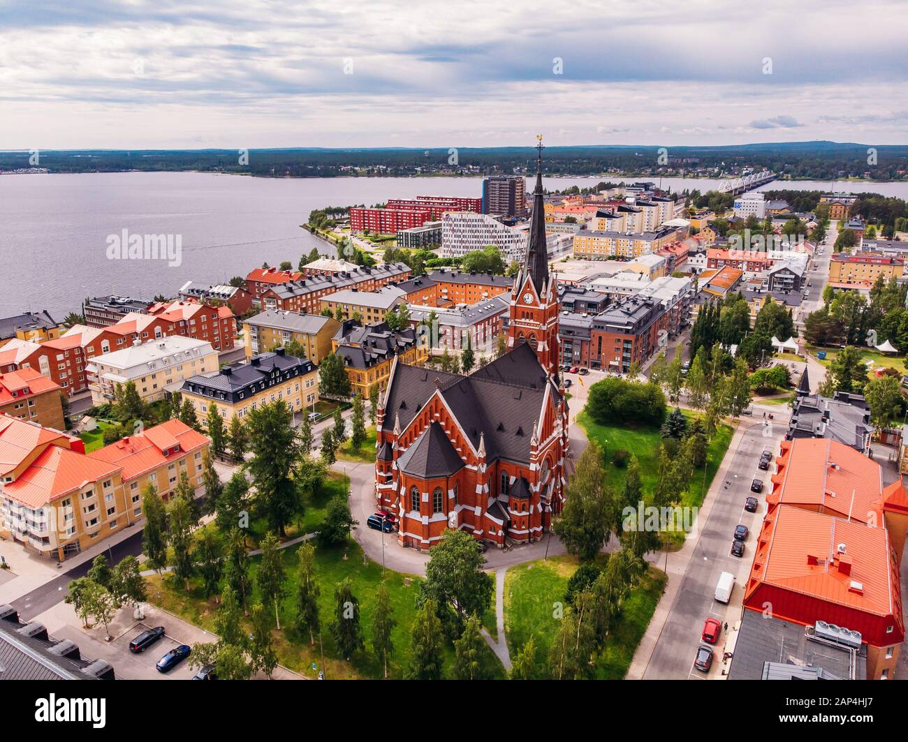 Lulea, Sweden - July 05, 2019: Panorama city, Cathedral sunny day, blue ...