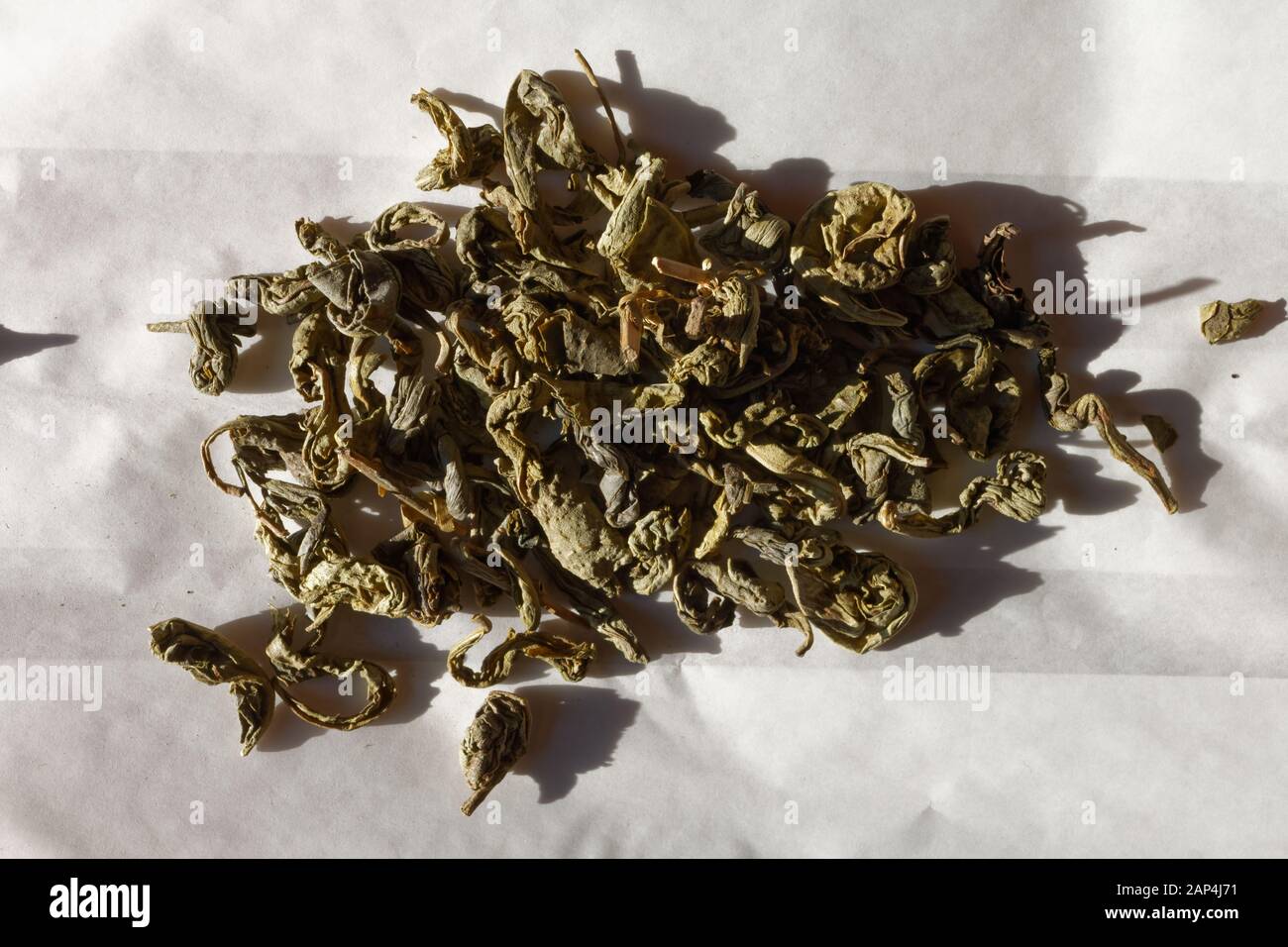 Green tea on white paper Stock Photo - Alamy