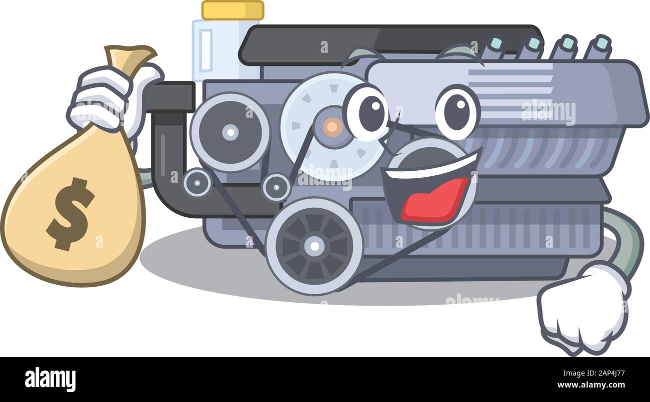 Happy rich combustion engine cartoon character with money bag Stock ...