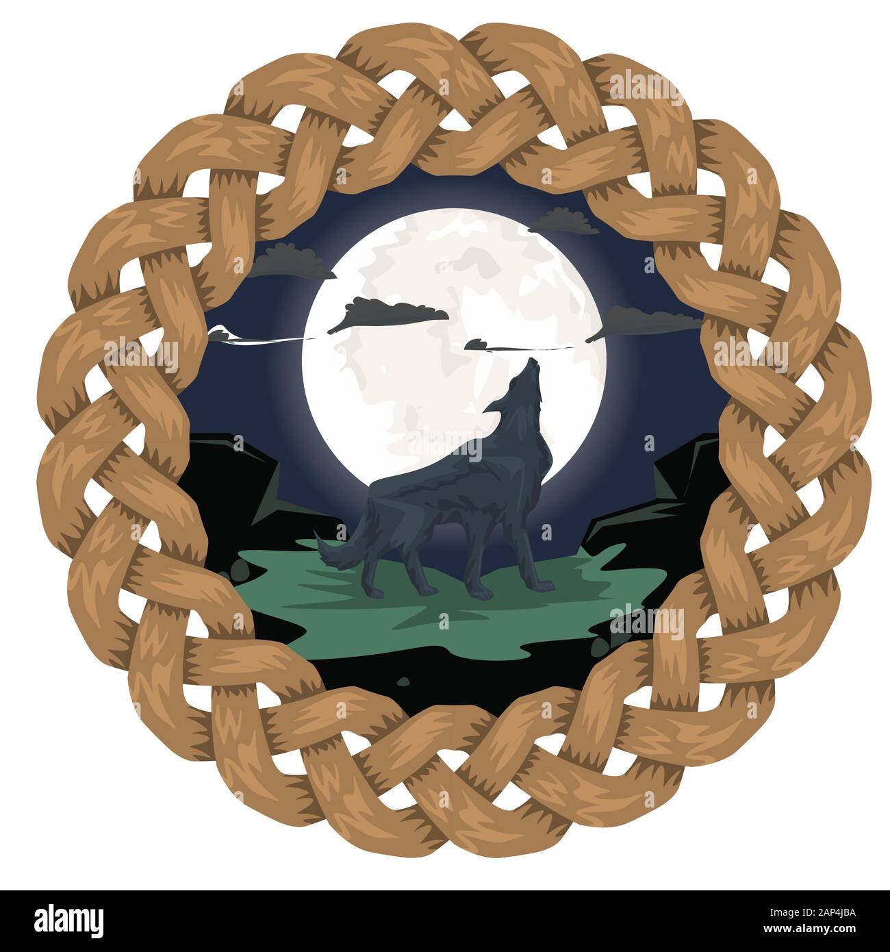 Wolf howling on the mountain with full moon background. Round clipped ...