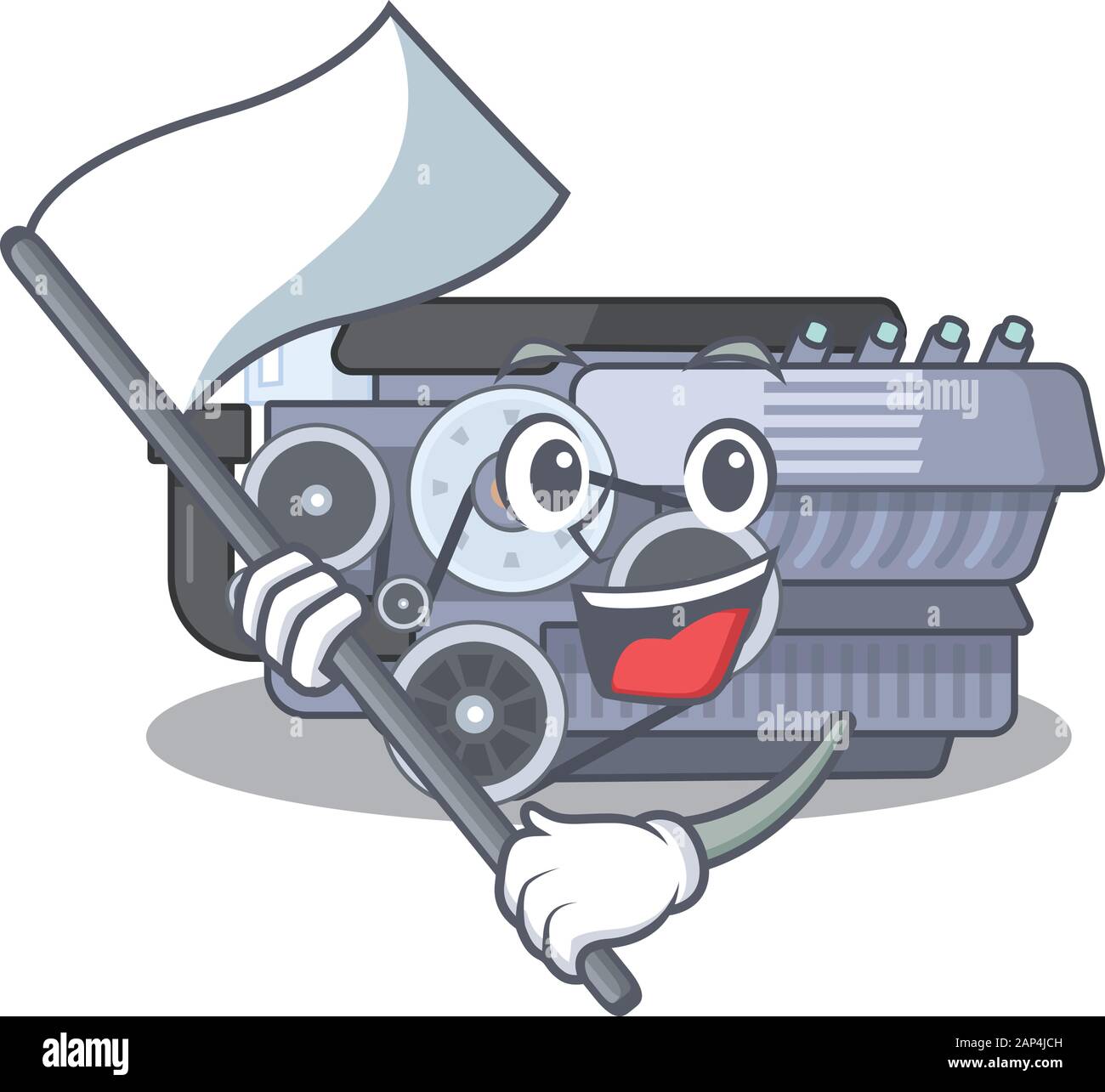 Funny combustion engine cartoon character style holding a standing flag ...