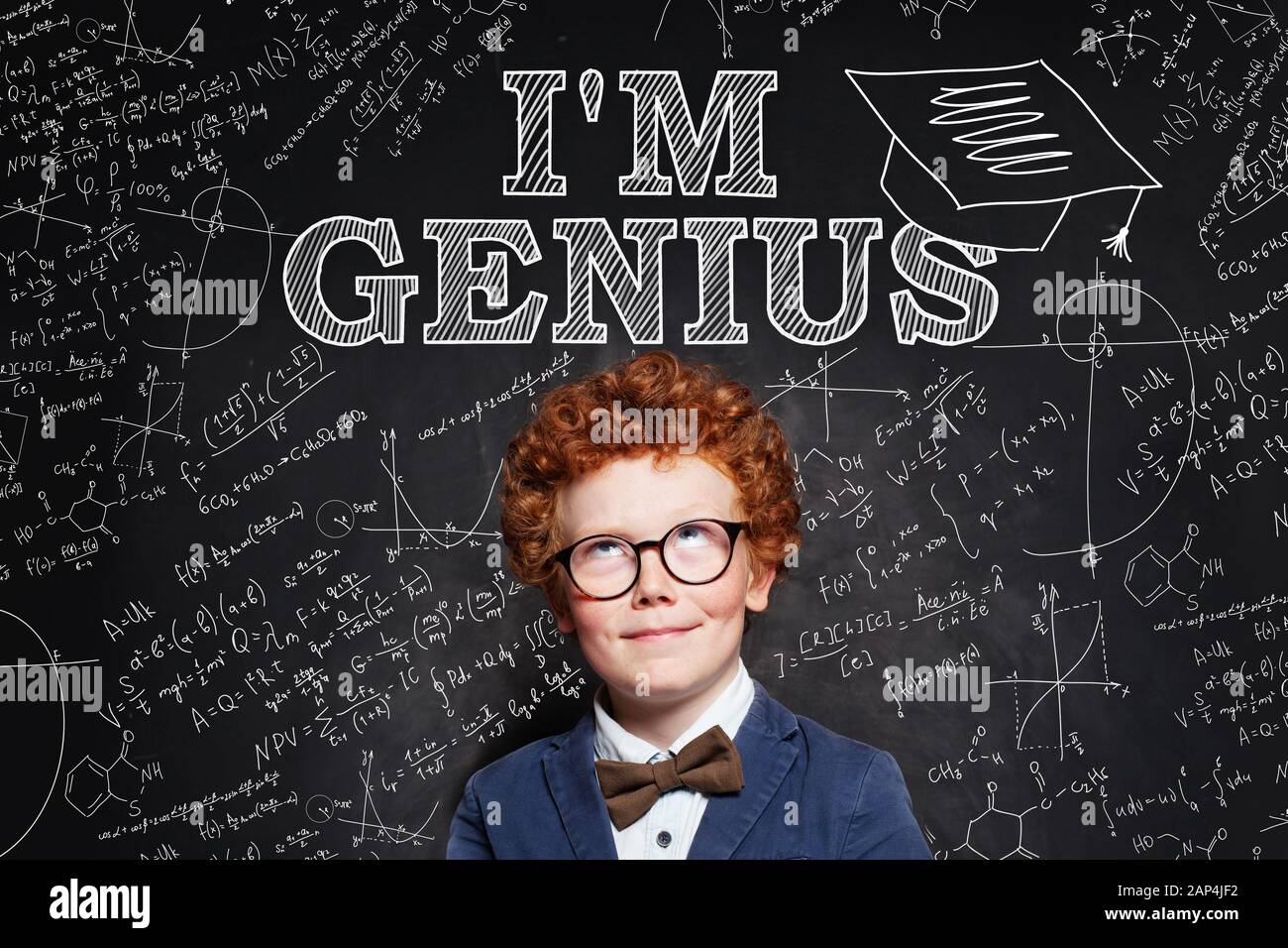 Funny little boy genius on blackboard background portrait Stock Photo ...