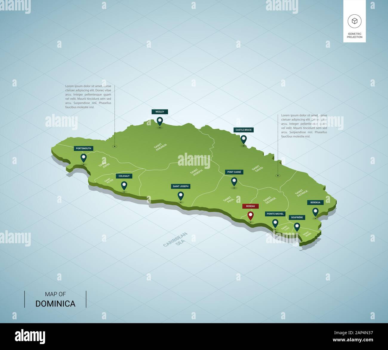 Stylized map of Dominica. Isometric 3D green map with cities, borders ...