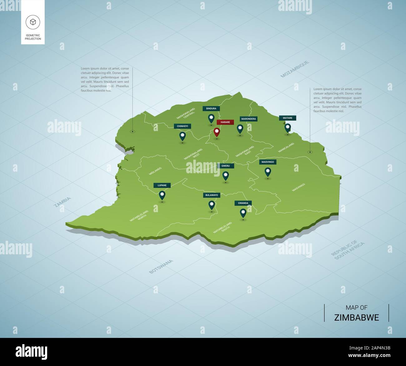 Stylized map of Zimbabwe. Isometric 3D green map with cities, borders ...