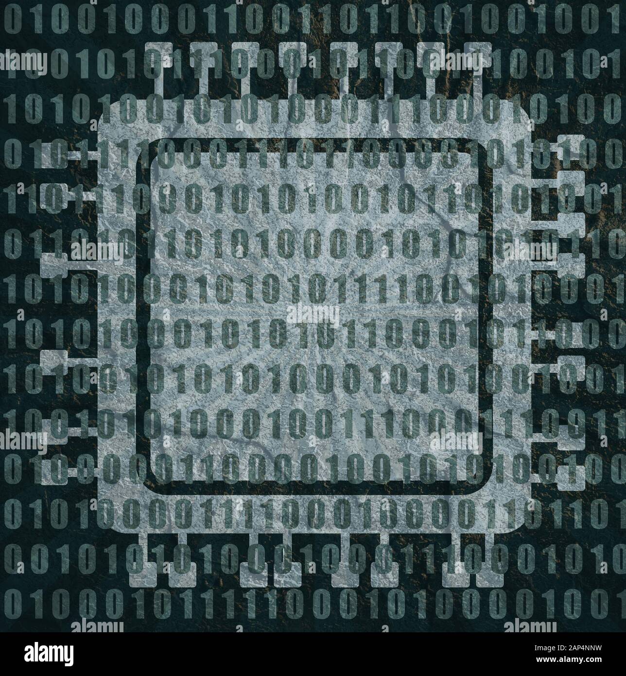 CPU microprocessor icon and binary data code. Grunge concrete texture ...