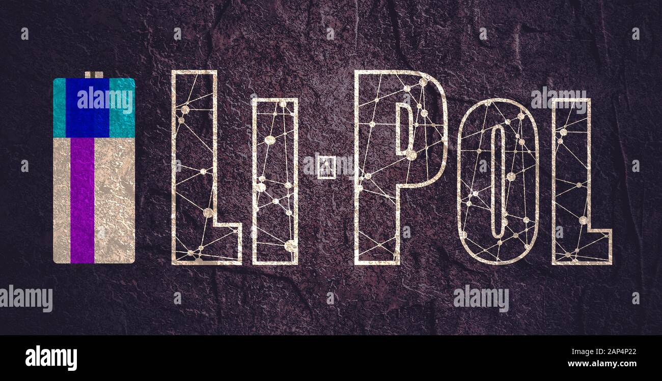 Illustration of cylinder battery. Li Pol text textured by lines and ...