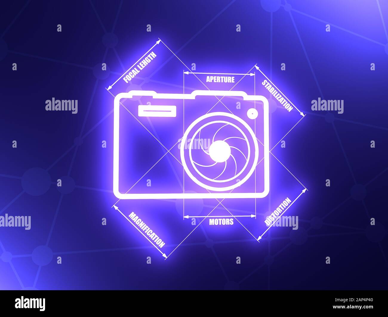 Photo camera icon. Measure lines with main parameters name list. 3D ...