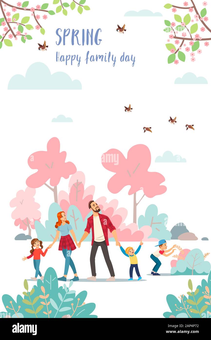 Spring. Family day. Cute poster of spring time, vector drawn ...