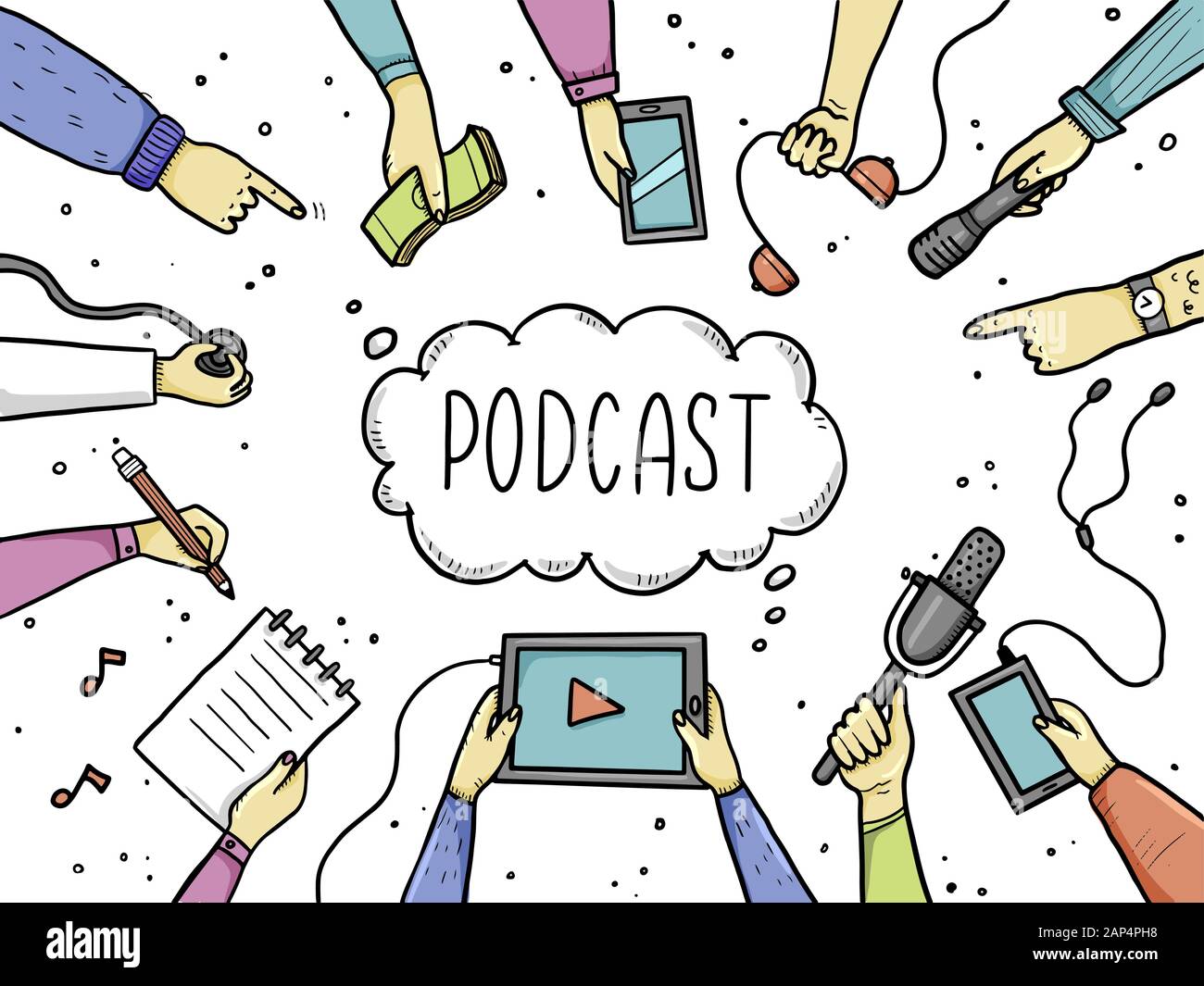 Hand drawn doodle style hands with different elements, microphone ...