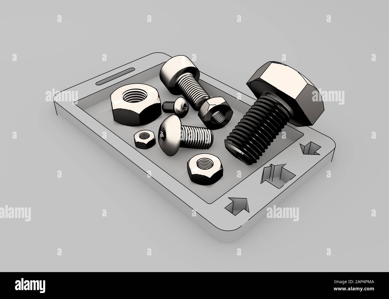 Mobile smartphone with bolts and nuts. Phone as frame filled by items ...