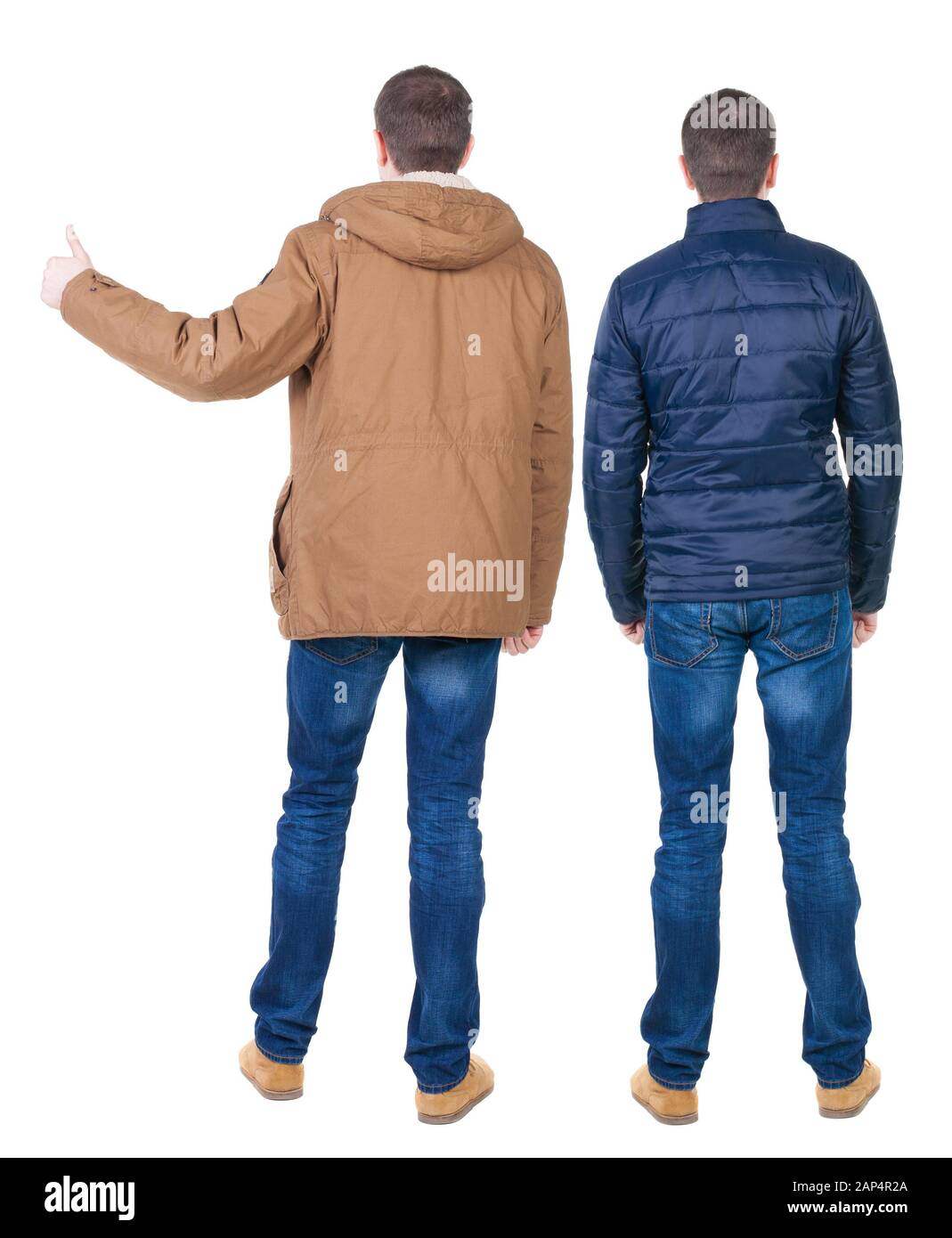 Back view of two man in winter jacket showing thumb up. Rear view ...