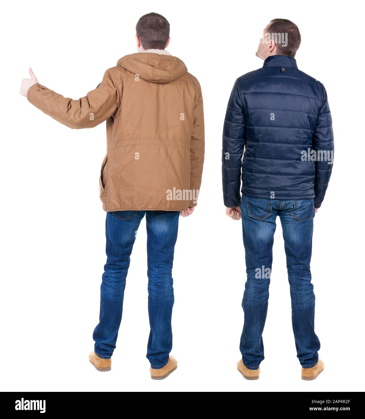 Back view of two man in winter jacket showing thumb up. Rear view ...