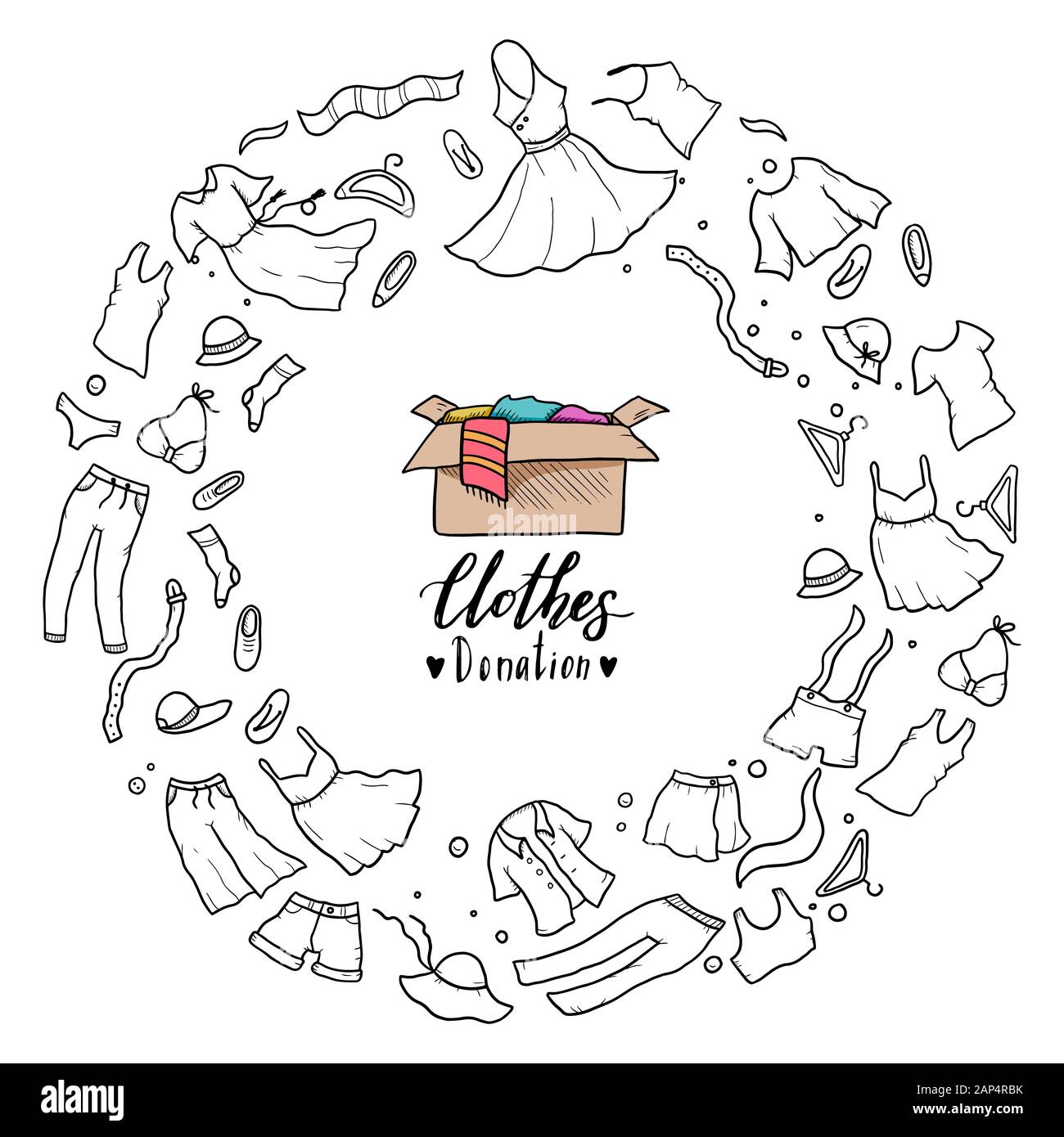 Hand drawn illustration of clothes donate, charity, care concept ...