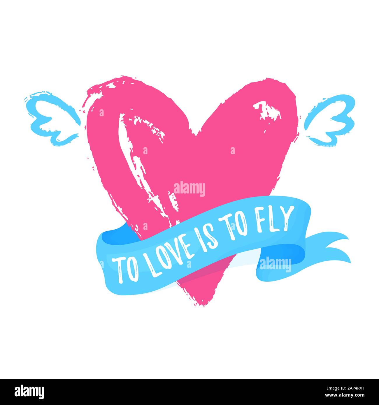 Heart, ribbon and inspirational phrase - To love is to fly. Hand drawn ...