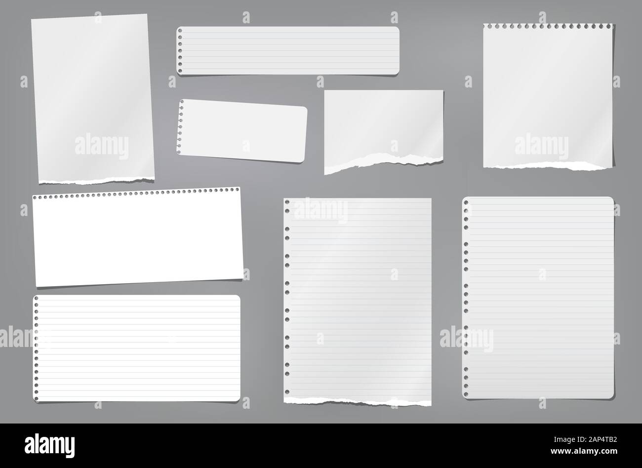 Torn white blank and lined note, notebook paper strips, pieces and ...