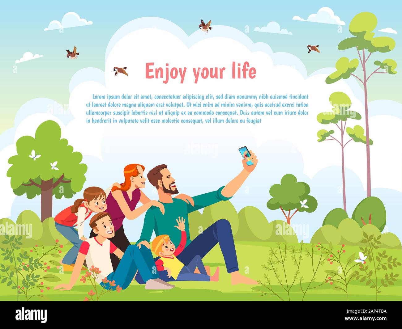 Happy family in the park taking selfie on a sunny day. Poster, card ...