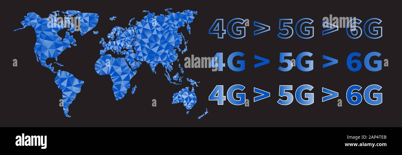 Global telecommunications 4G 5G 6G speed. Blue banner. Polygonal world ...